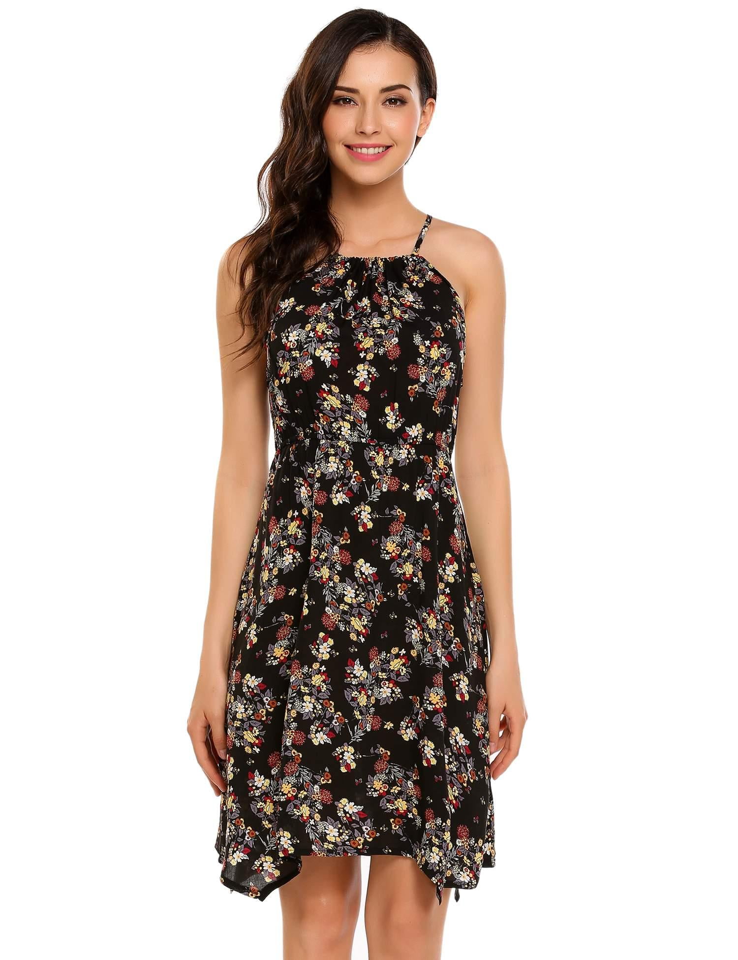Women Casual Sleeveless Halter Floral Print Casual Beach Asymmetrical