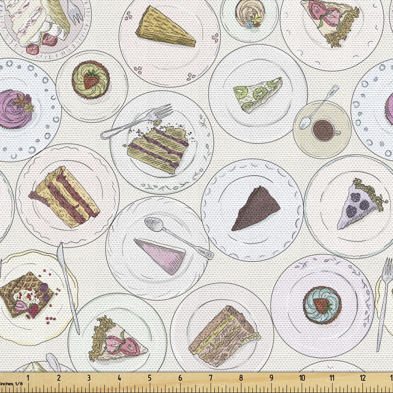 Dessert Fabric by the Yard, Food Elements Various Cakes Slices and ...