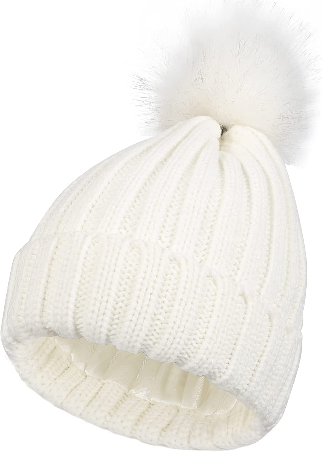 Muryobao Womens Winter Beanie Hat Warm Silk Satin Lined Cuffed Cable ...