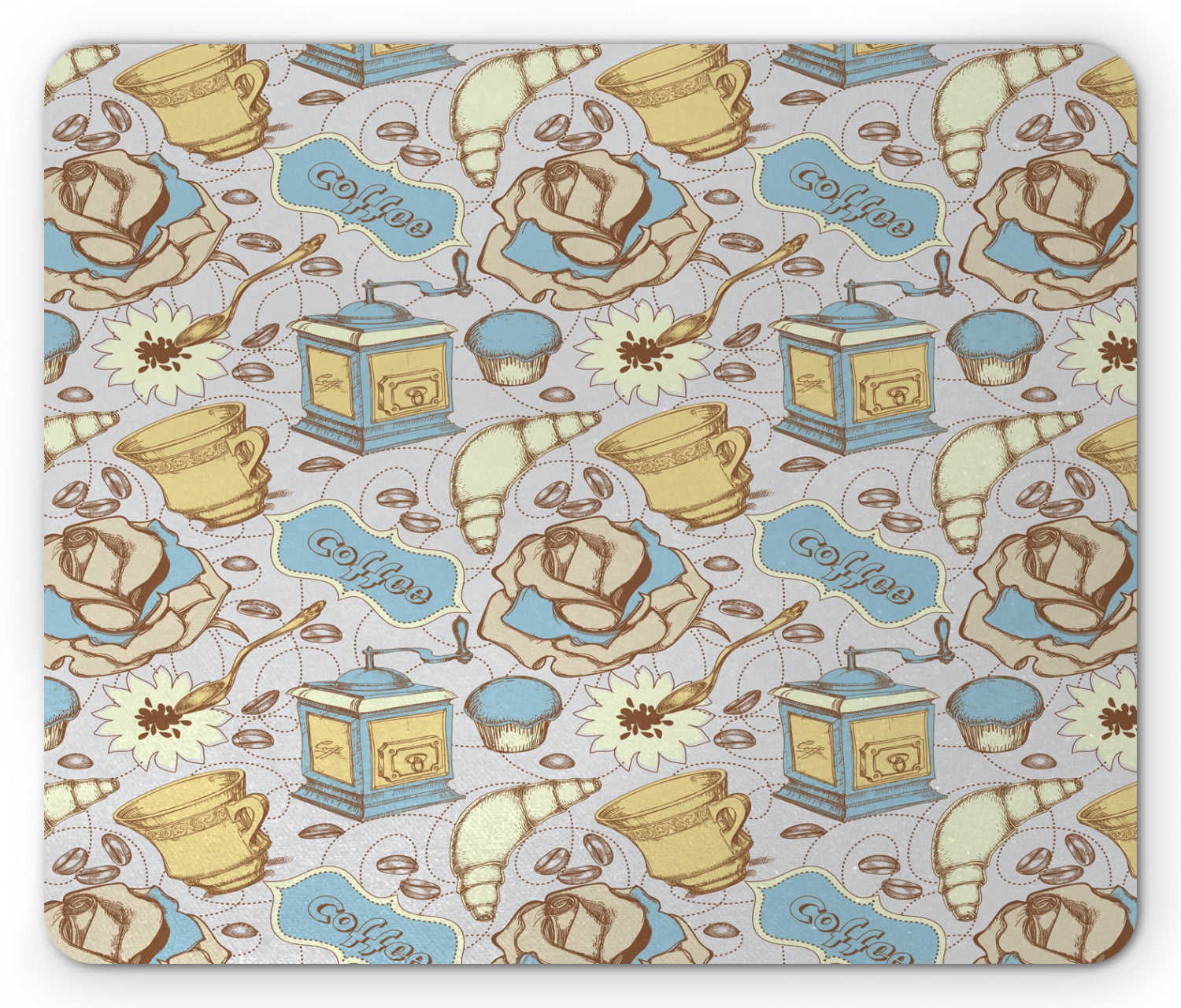 Coffee Mouse Pad, Sketchy Vintage Style Elements Croissant Roses ...