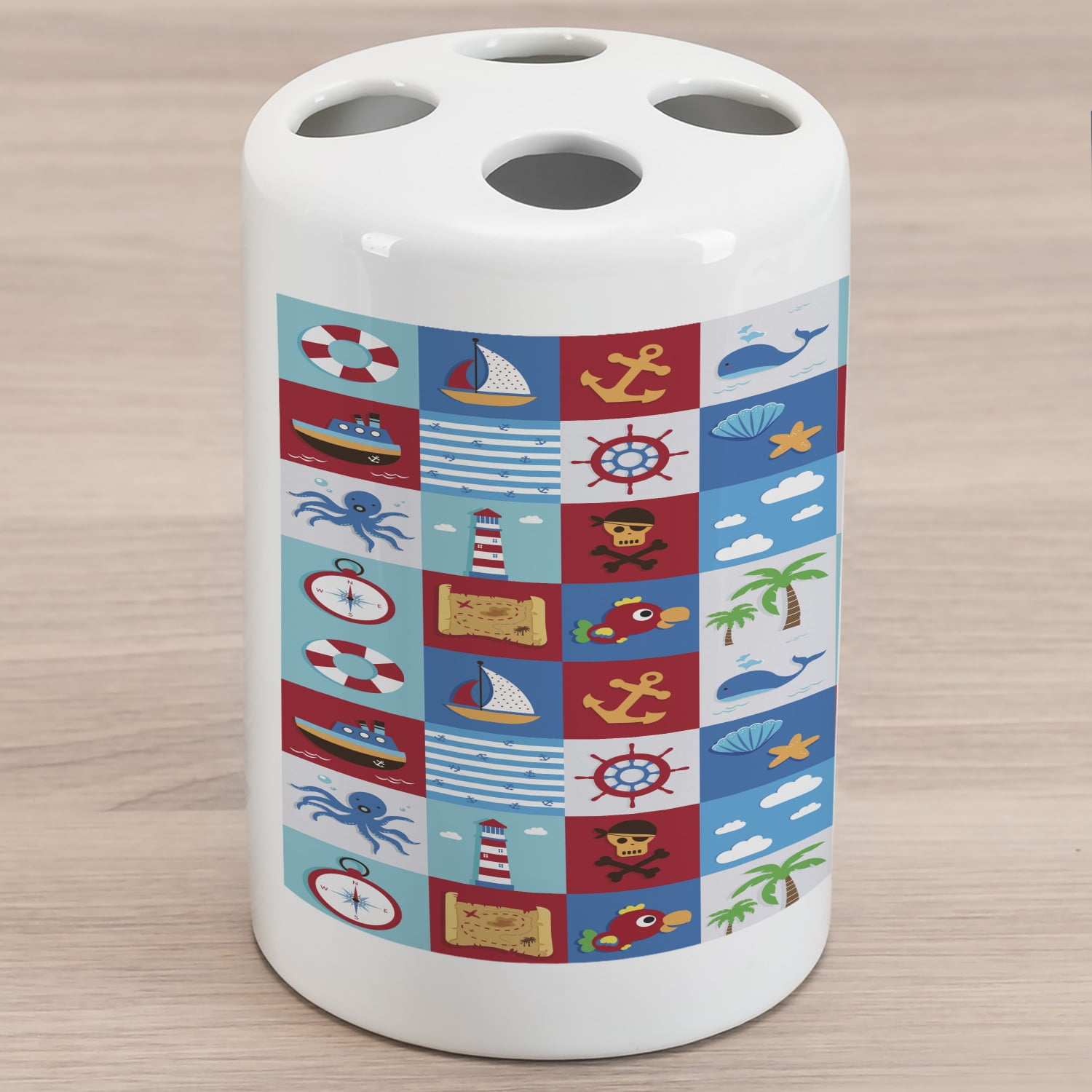 Marine Ceramic Toothbrush Holder, Cartoon Style Nautical and Animals ...