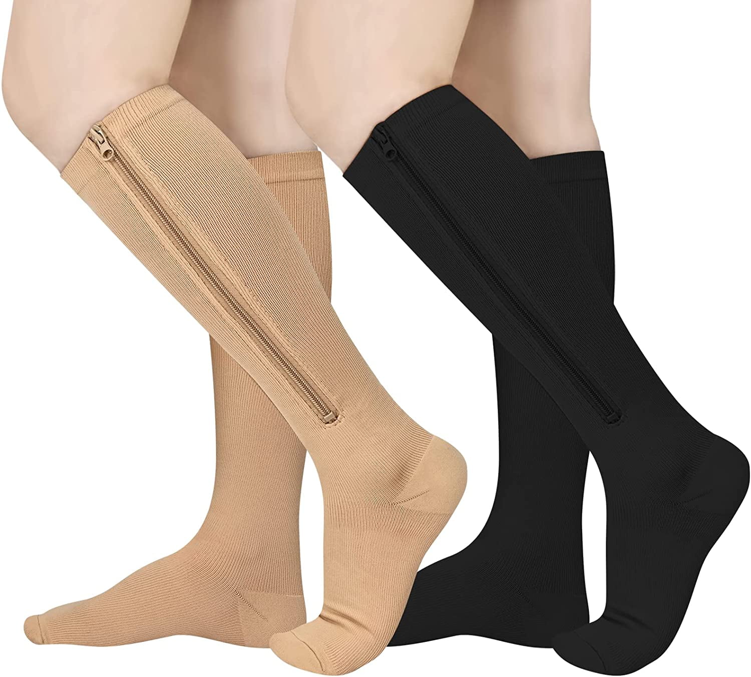 Wukang 2 Pairs Zipper Compression Socks 15-20 mmHg Closed Toe ...