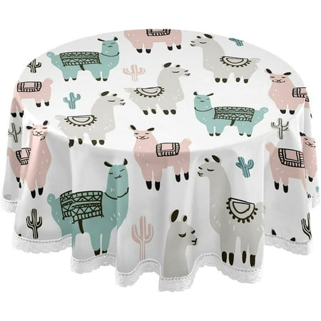 Alpaca Llama And Cactus Tablecloth 60 Inch Funny Animal Cartoon Round ...