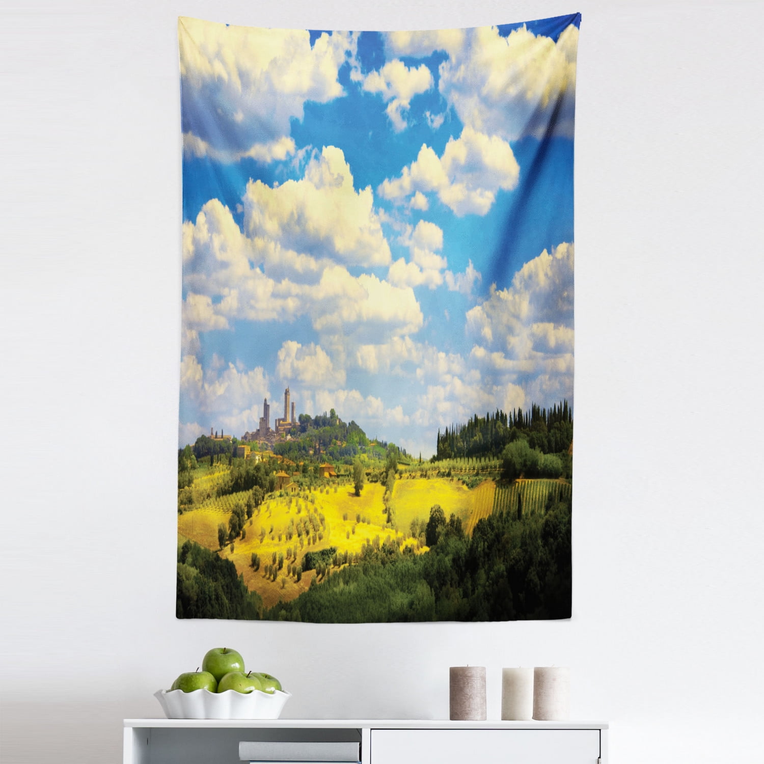 Italy Tapestry, Old Italian Village Scenery with Meadows and Clouds ...