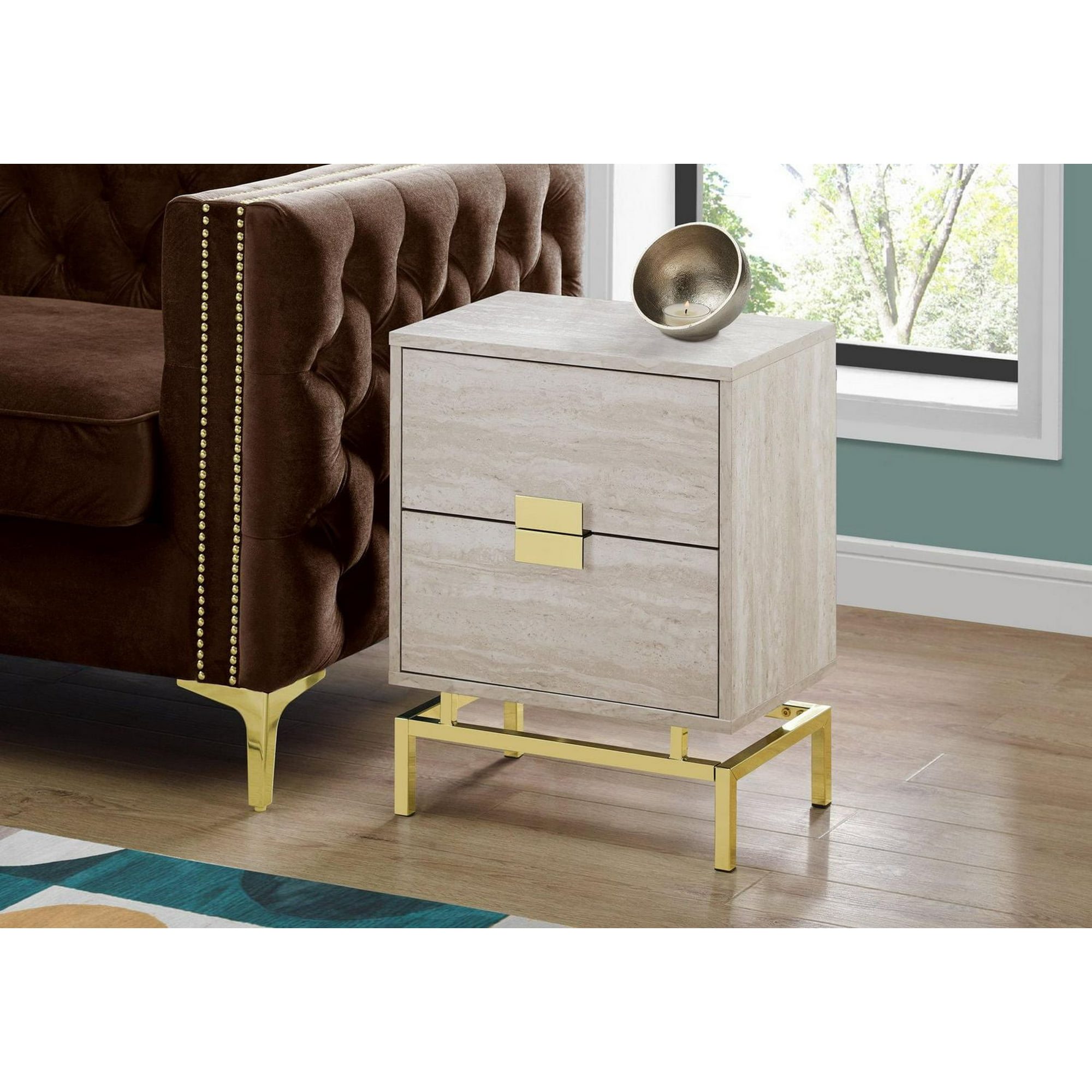Monarch Specialties Accent Table  Side  End  Nightstand  Lamp  Storage Drawer  Living Room  Bedroom  Beige Marble Look Laminate  Gold Metal  Contempor