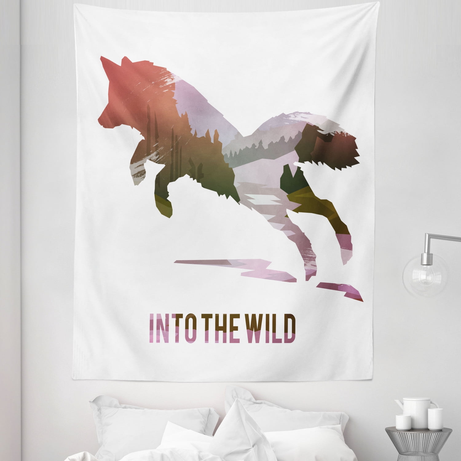 Fox Tapestry, Jumping Fox Silhouette with Woodland Wilderness Hunting ...