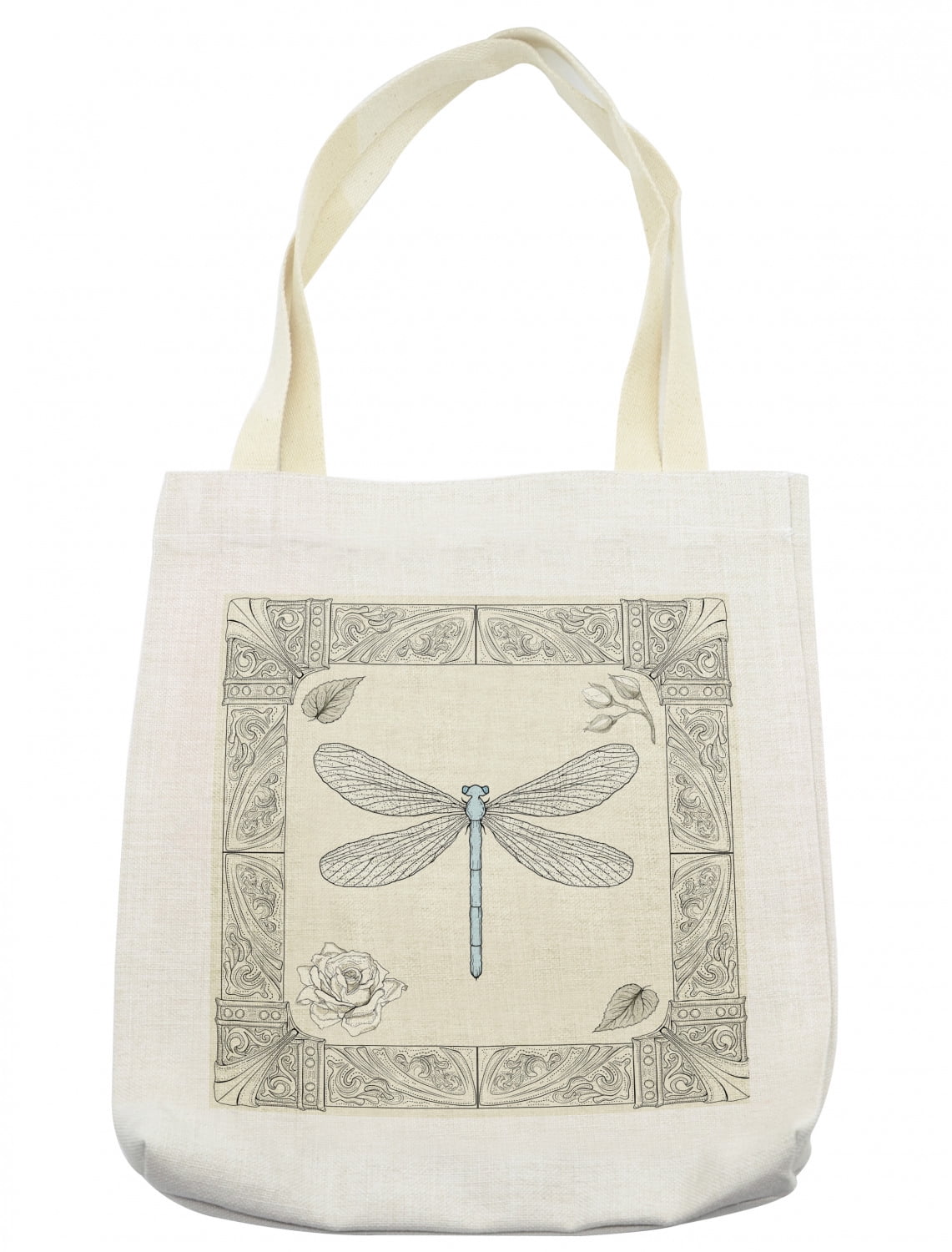 Dragonfly Tote Bag, Hand Drawn Royal Style Rose Petals Leaves and ...