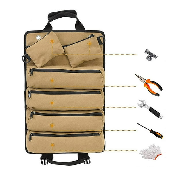 Portable Tool Roll Storage Organizer Handbag with Zippered Pockets ...