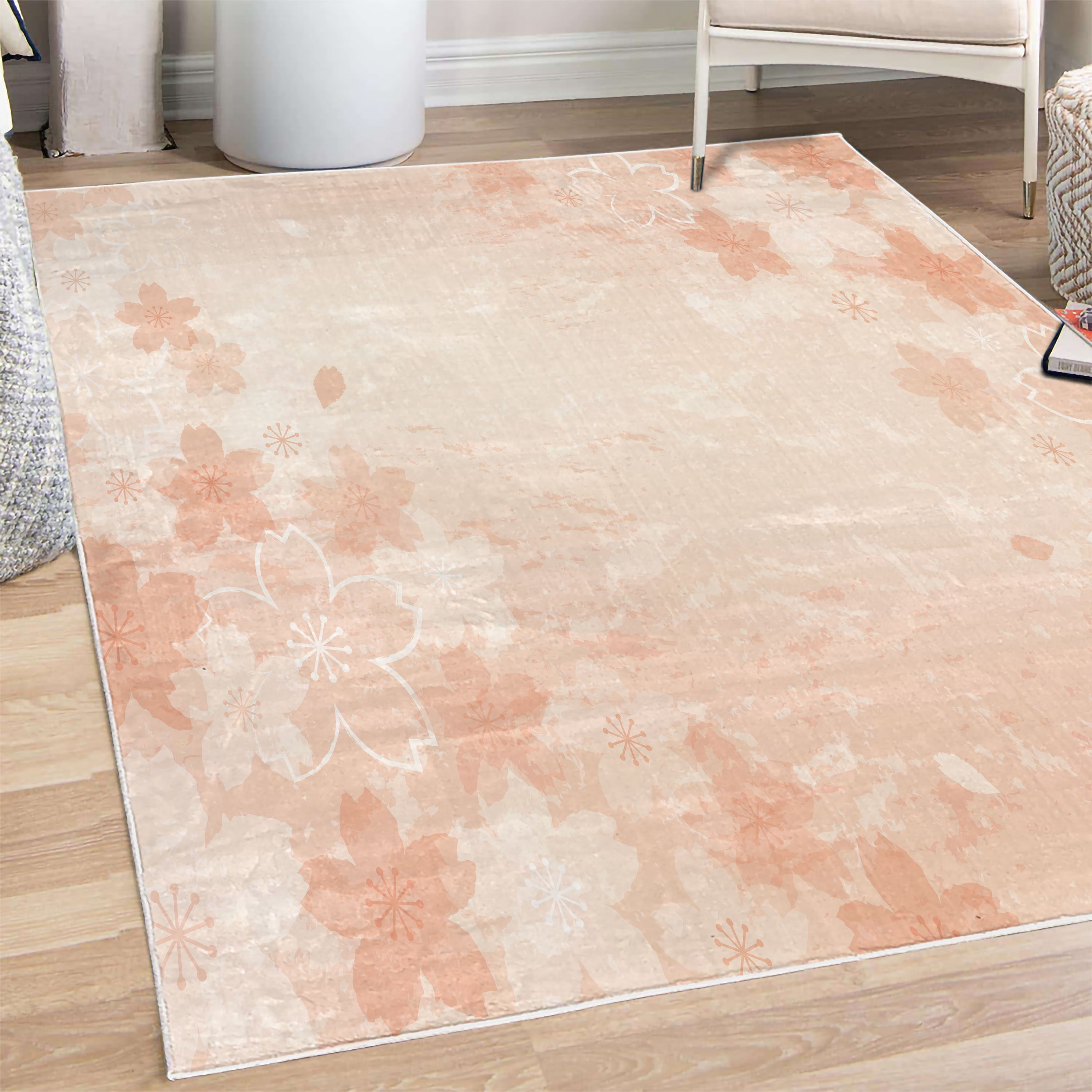 Nature Decorative Rug, Cherry Blossoms Pattern in Shabby Form Style ...