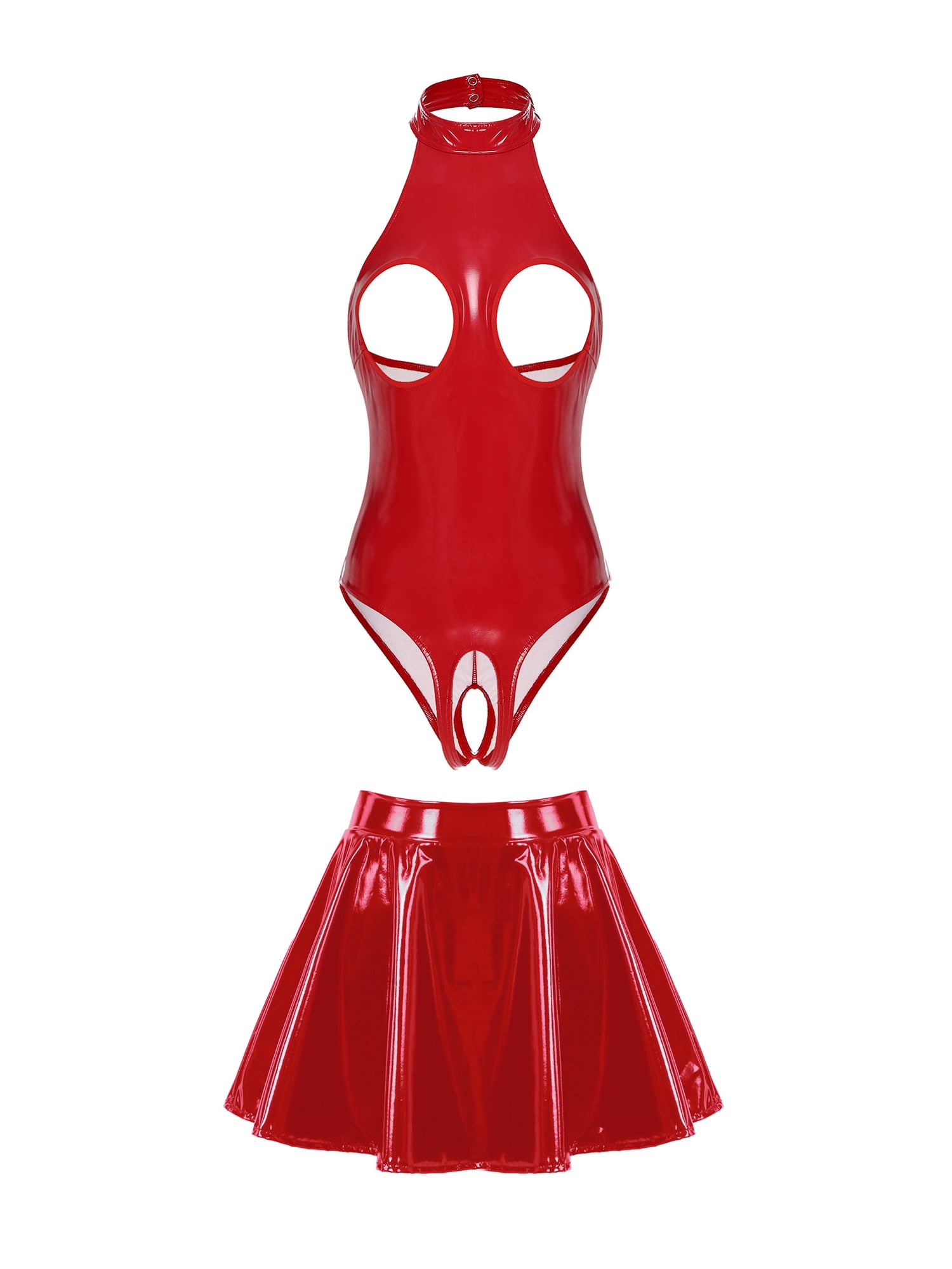 Raenseen Women's PVC Leather Wet Look 2 Piece Cut Out Bodysuit with ...