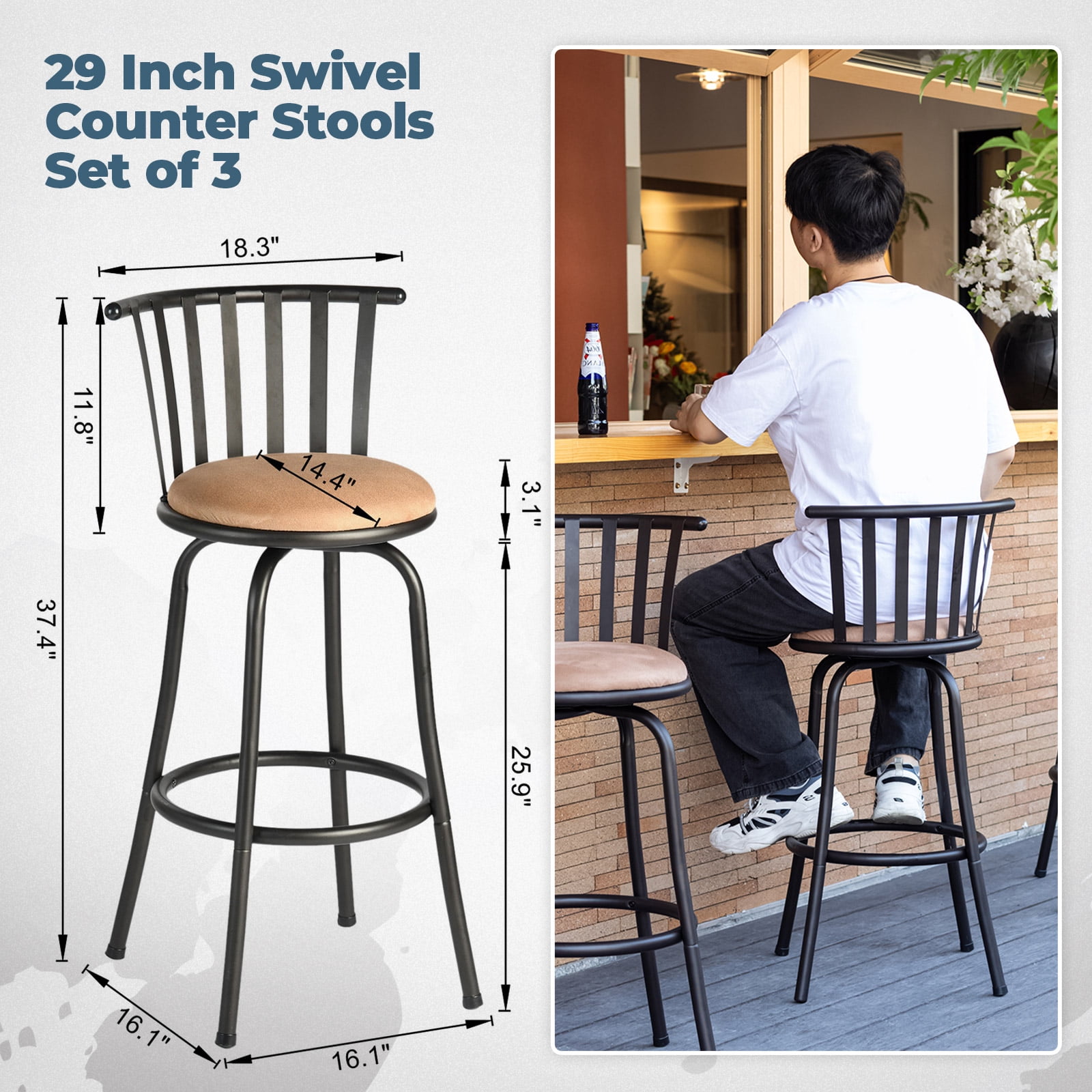 Homy Casa 24 or 29 Swivel Counter Height Bar Stools with Backrest Set of 3 Faux Upholstered with Metal Frame Brown