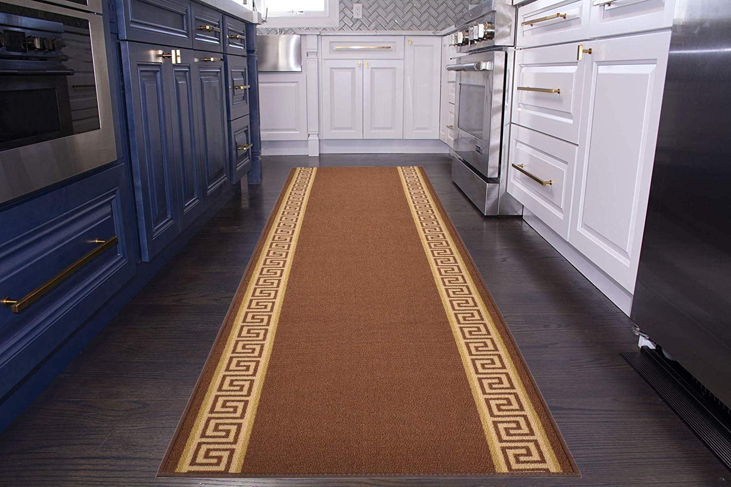 Custom Size Runner Rug Bordered Greek Key Meander Brown Roll Runner Rug ...