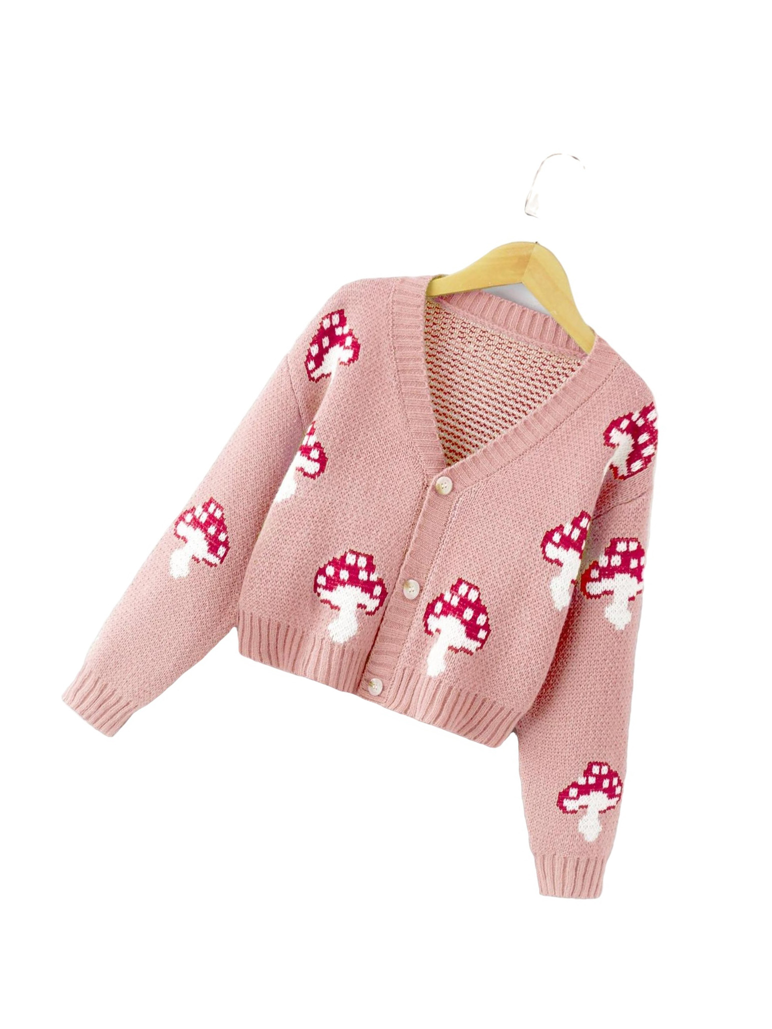 Casual Mushroom Pattern V neck Cardigan Long Sleeve Dusty Pink Girls ...