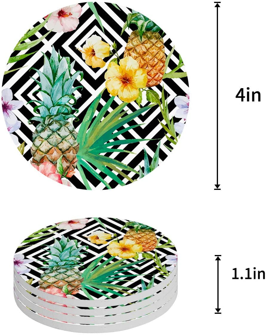 Zhanzzk Tropical Pineapple And Flower Geometry Set Of 6 Round Coaster
