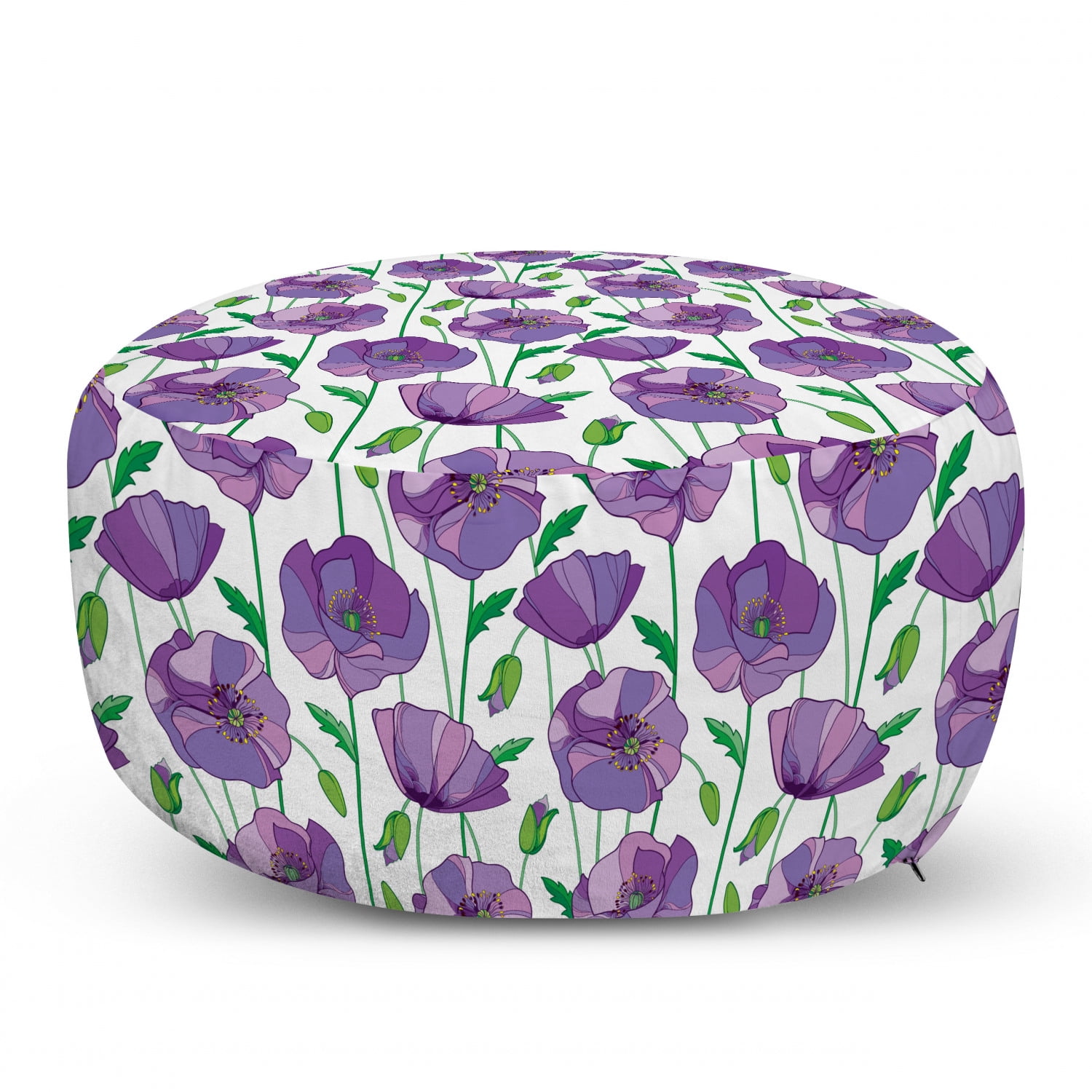 Poppy Flower Pouf Cover with Zipper, Illustrated Buds and Blossoms of a ...
