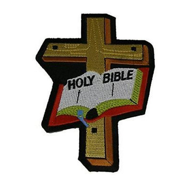 WOODEN CROSS WITH OPEN BIBLE RELIGIOUS PATCH CHRISTIAN HOLY SACRED BOOK ...