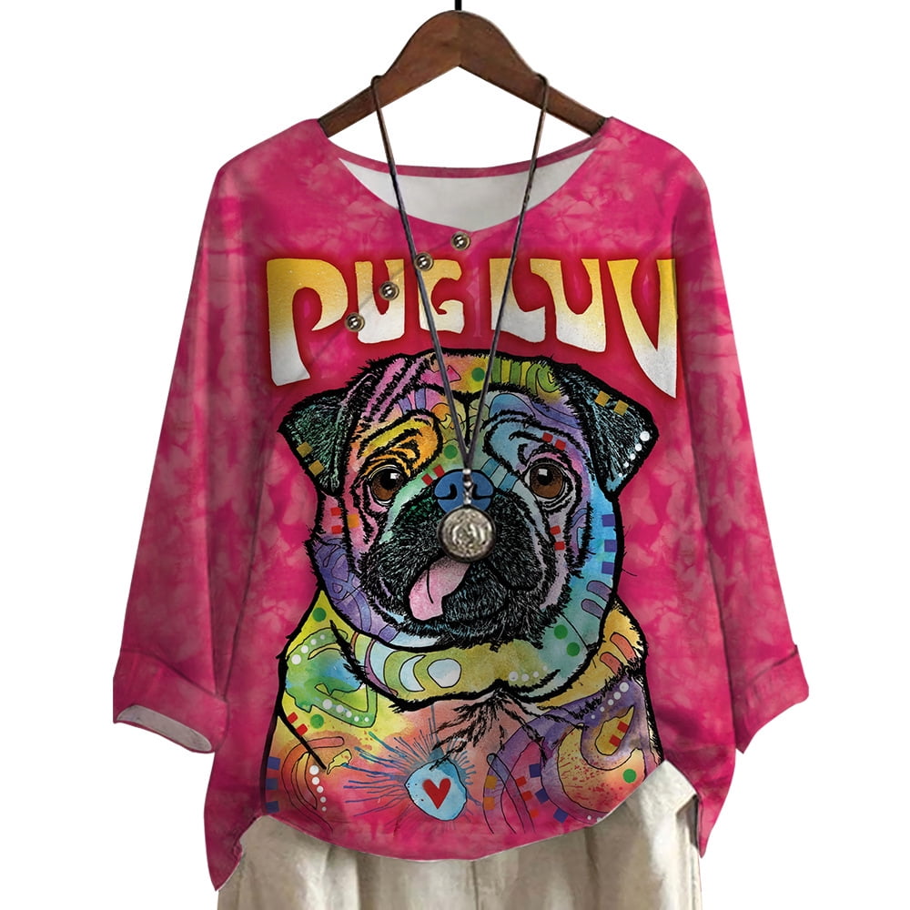 CLOOCL Plus Size T-Shirt for Women Cute Pug Dog Print Blouse Long ...