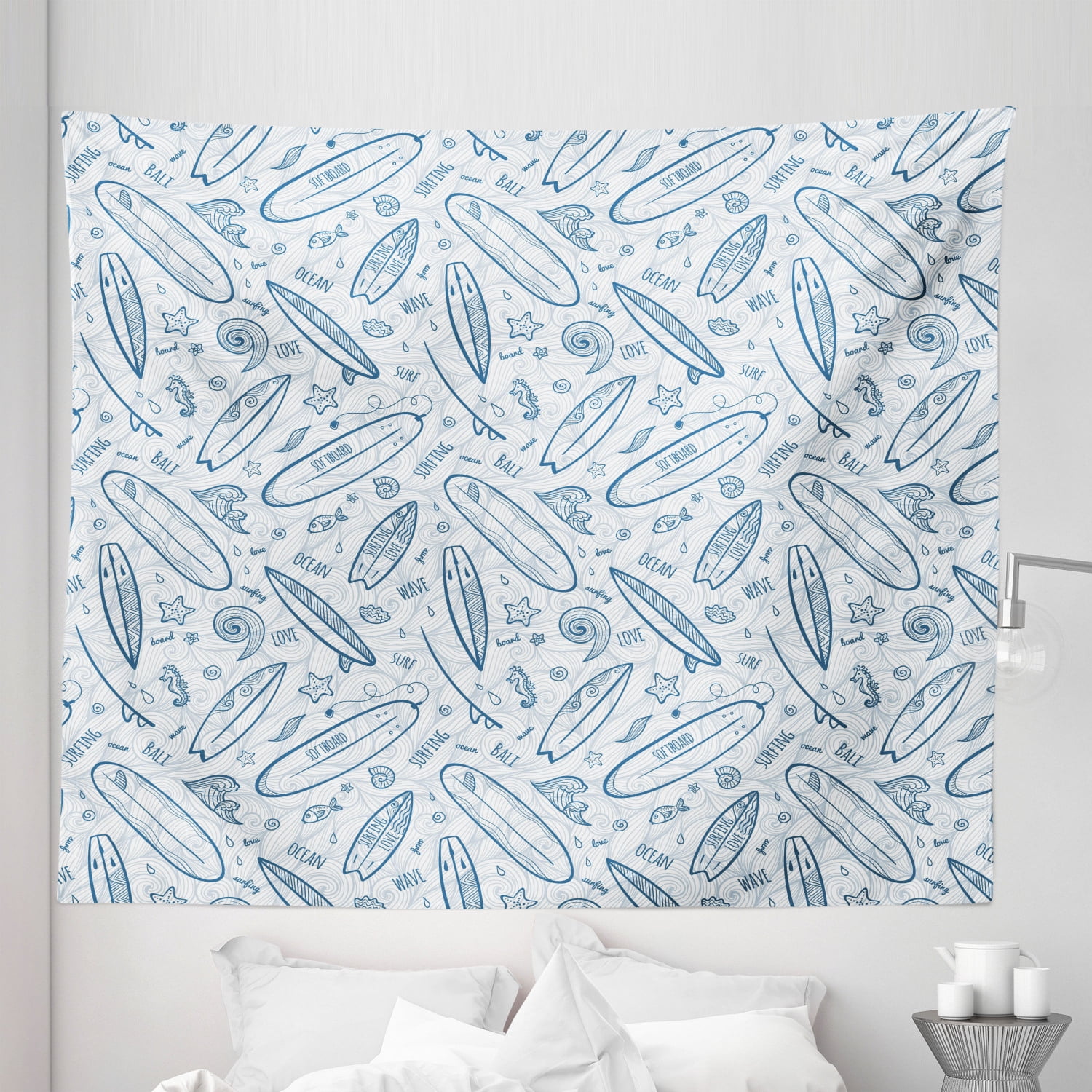 Surfboard Tapestry, Doodle Surfing Boards Waves and Starfishes Hawaiian ...