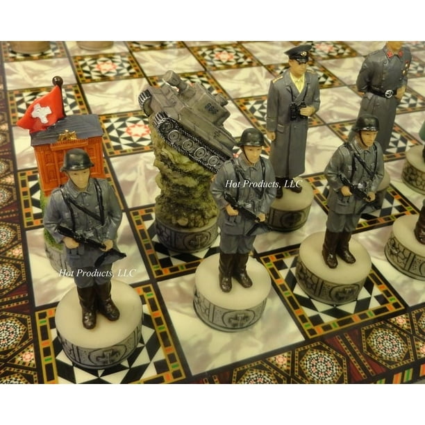 WORLD WAR 2 US vs GERMANY CHESS SET w/ MOSAIC DESIGN BOARD 14" WW2 ...