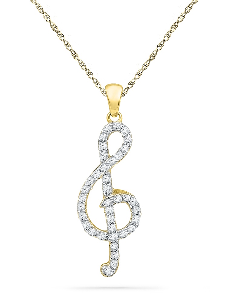 10K Yellow Gold Diamond Treble Clef Music Necklace Pendant 1/3 Ctw ...