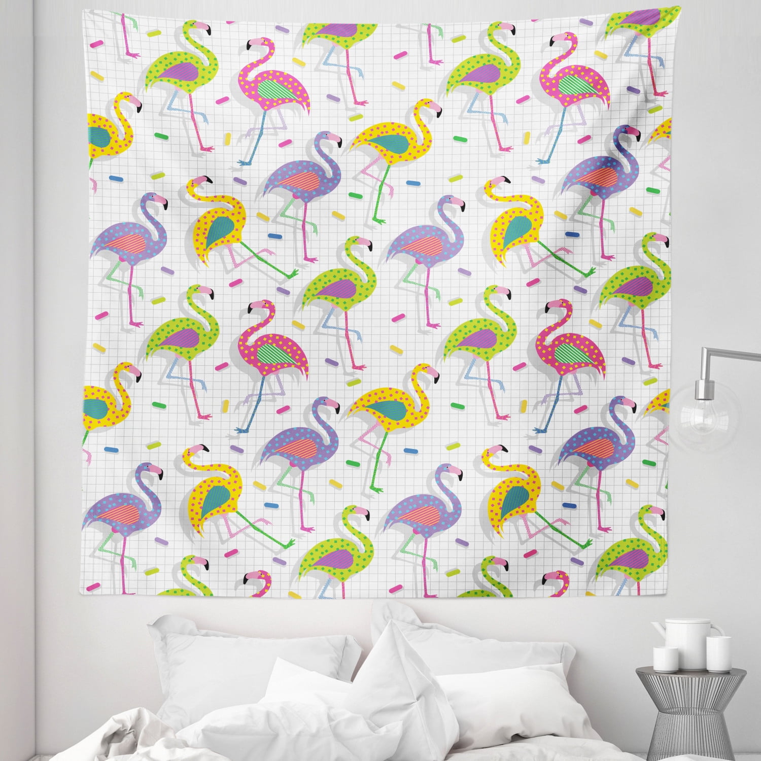Flamingo Tapestry, Colorful Retro Vintage Flamingo Patterns in Polka ...