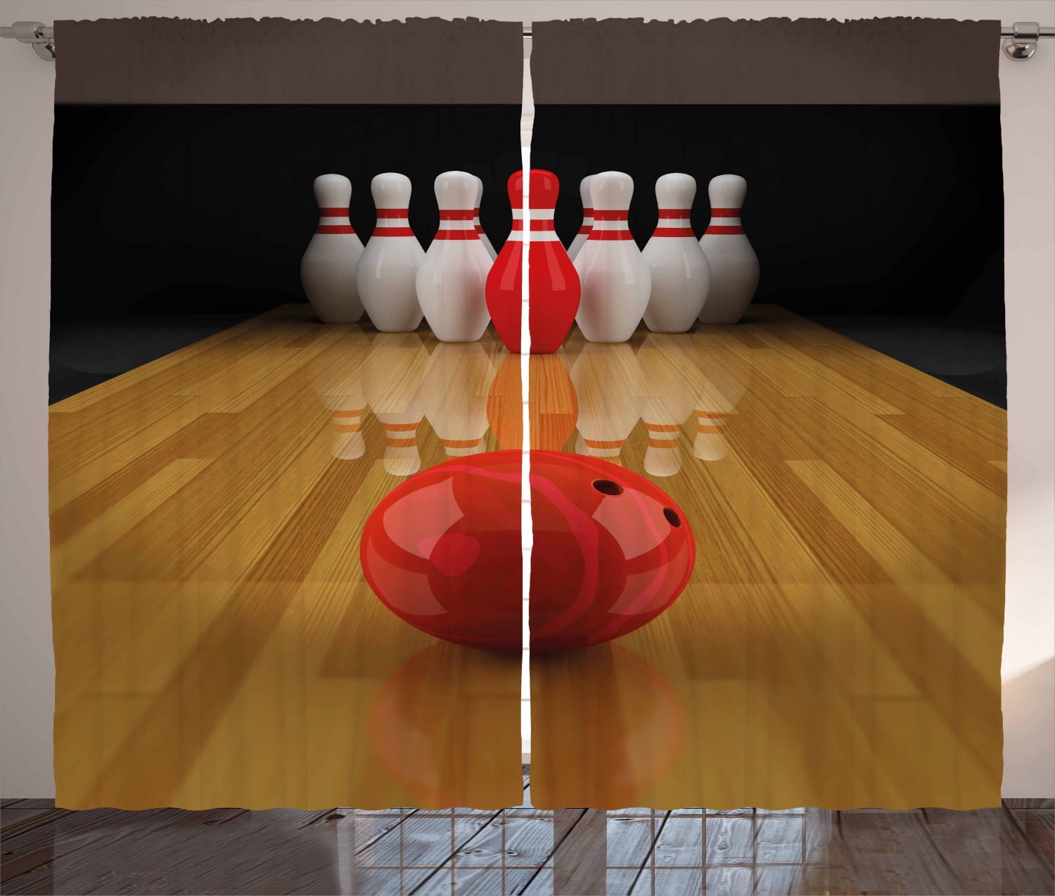 Bowling Party Curtains 2 Panels Set, Alley with Red Skittle in Center ...