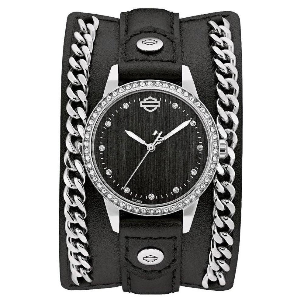 Harley-Davidson - Women's Crystal Leather Cuff w/ Steel Chain Watch ...