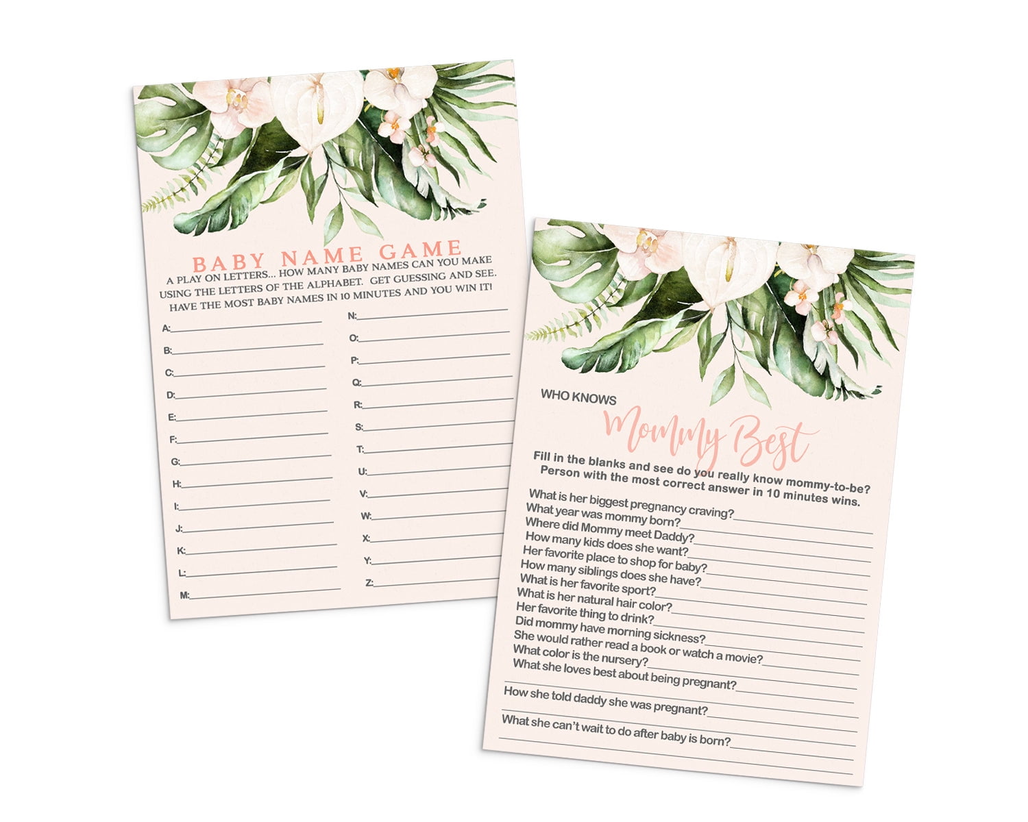Tropical Floral Baby Shower Game Card Bundle 2 in 1 Pack (25 Each ...