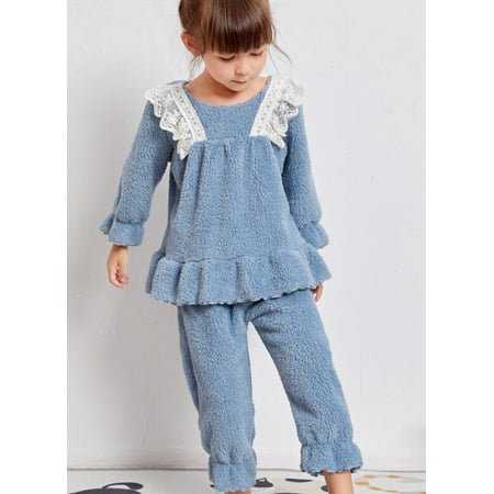 Girl's Two Piece Pajamas, Children's Lace Ruffled Solid Pullover ...