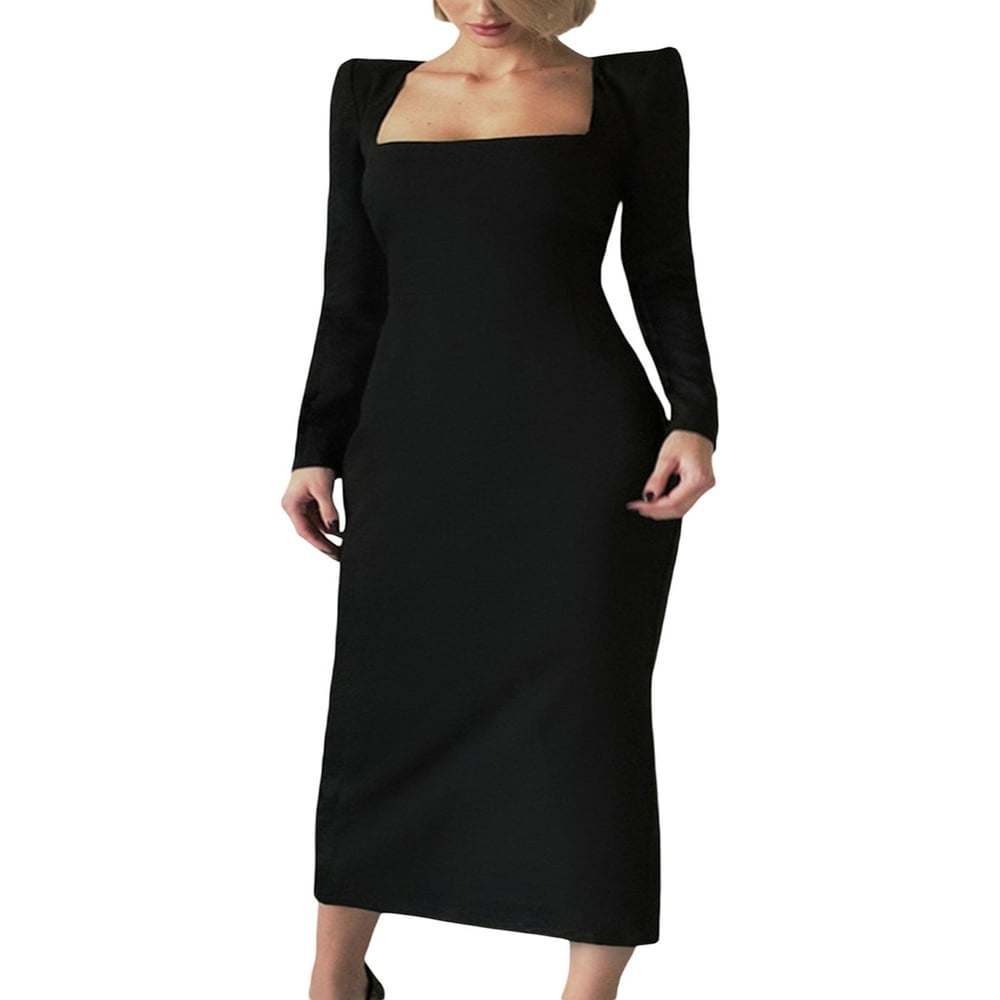 Click here for Generic Women Long Bodycon Dress Solid Color Squar... prices