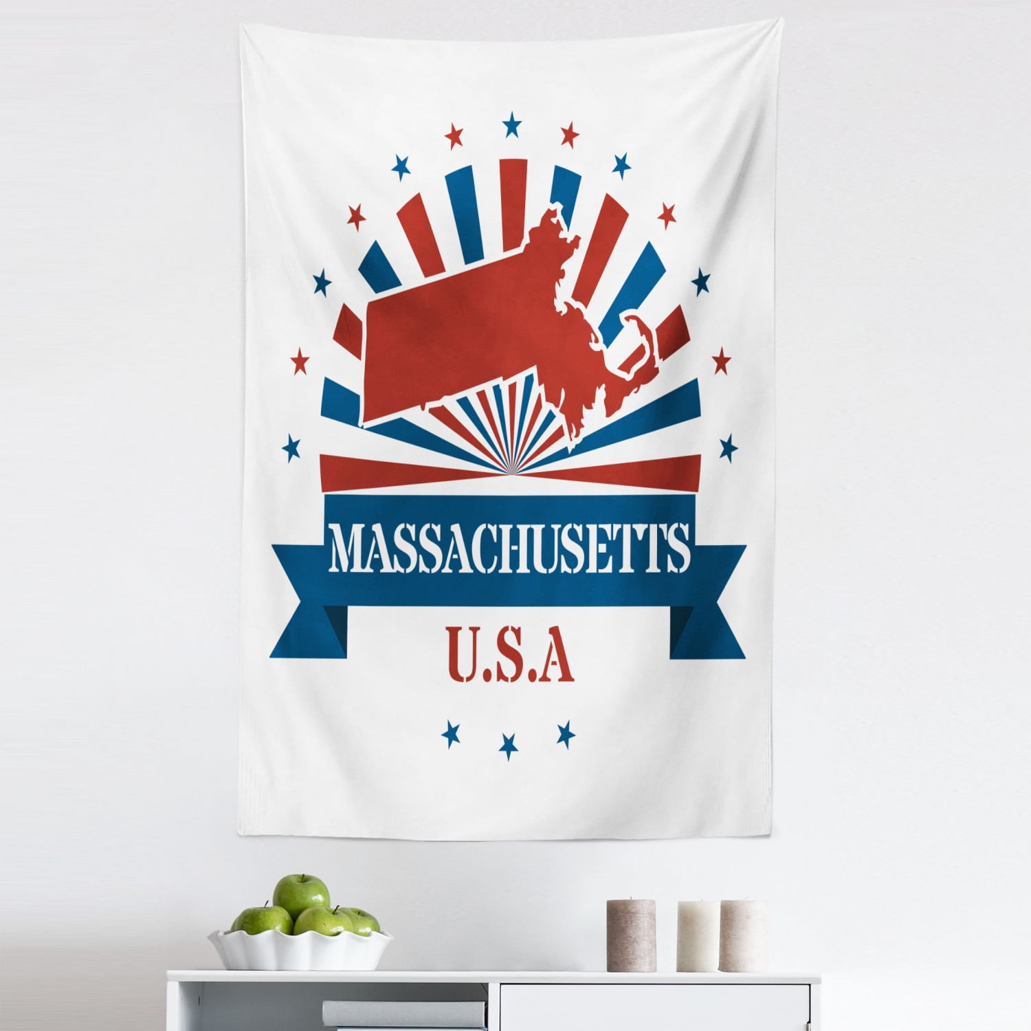 Massachusetts Tapestry, State Map with Sunburst Stripes and Stars ...