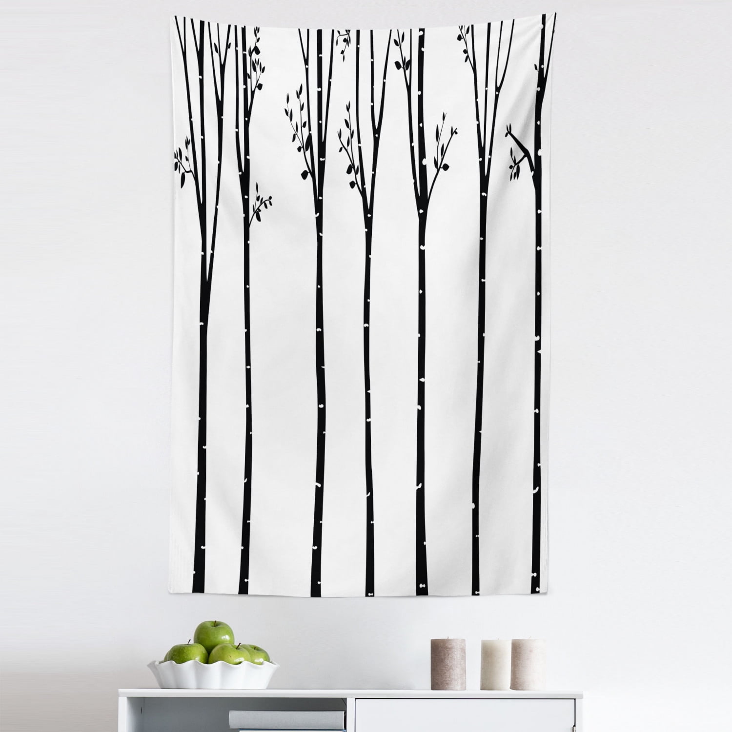 Black and White Tapestry, Monochrome Birch Tree Silhouettes with Autumn ...