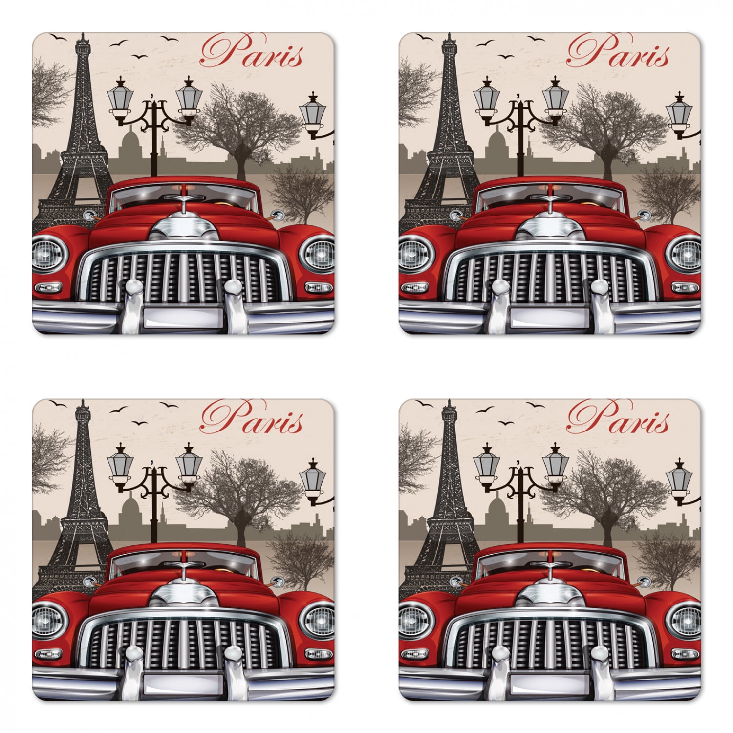 Retro Coaster Set of 4, European Parisian City Scenery with Old Auto ...