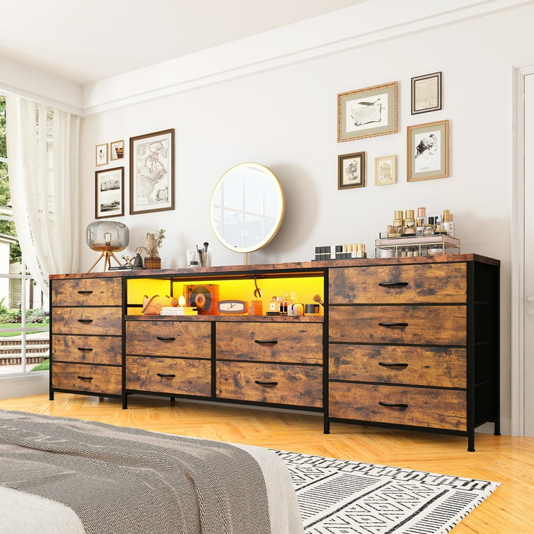 EnHomee Wide Dresser TV Stand for 65 70 75 inch Dresser for Bedroom with LED Lights Power Outlets 12 Fabric Drawers Rustic Brown Size 63L 13.8W