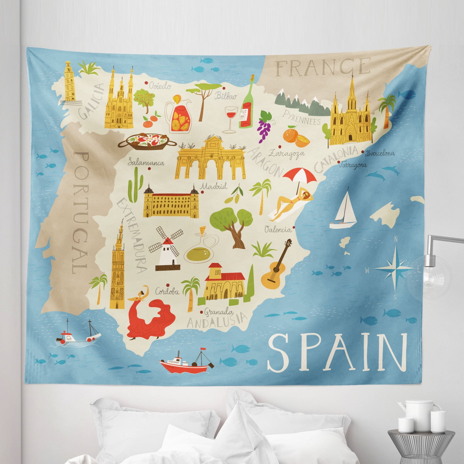 Travel Tapestry, High Detailed Spain Mapping Calligraphy and Famous ...