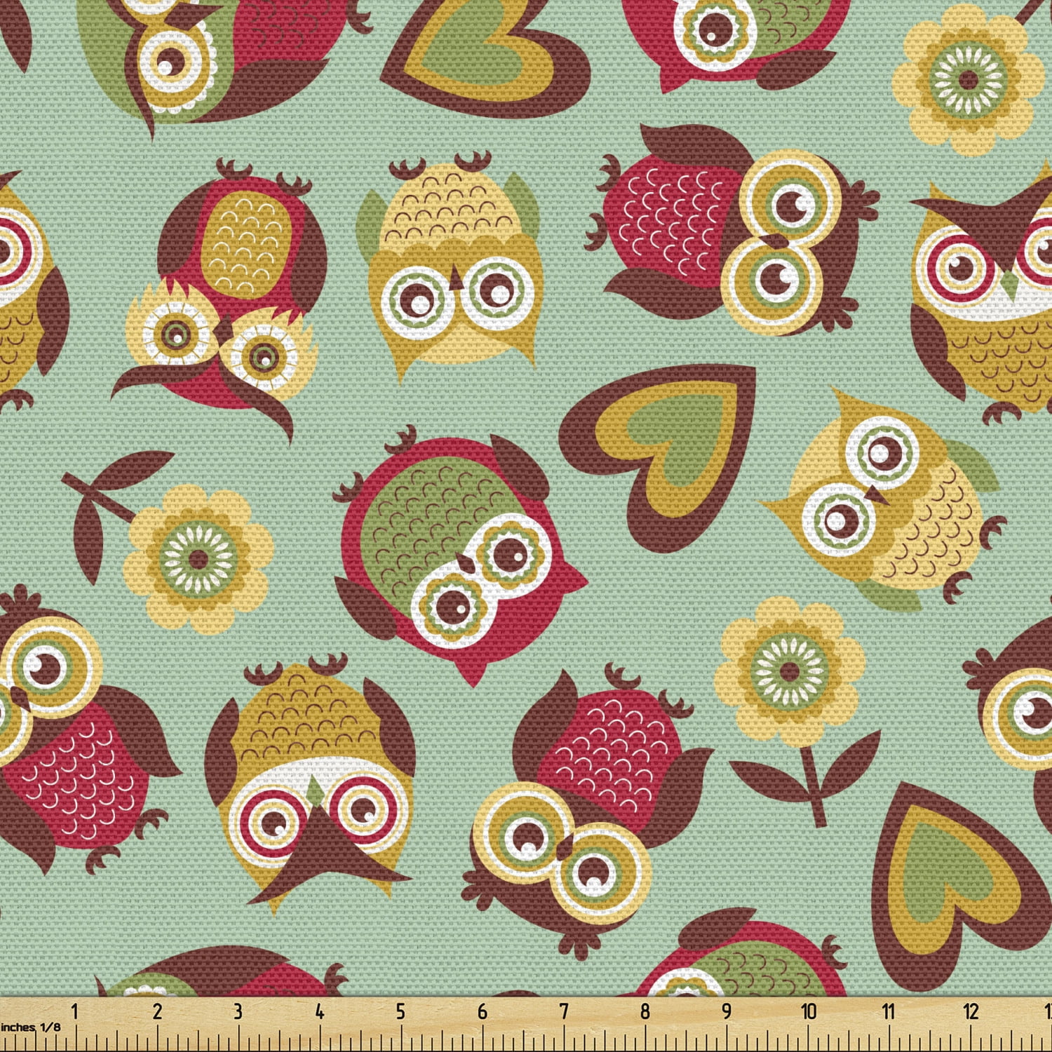 Owls Fabric by the Yard, Cheerful Theme Ornate Birds Nostalgic Vintage ...
