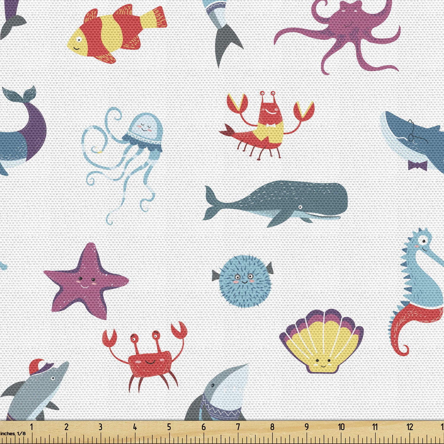 Deep Sea Fabric by the Yard, Pattern of Doodle Style Sea Creatures on a ...