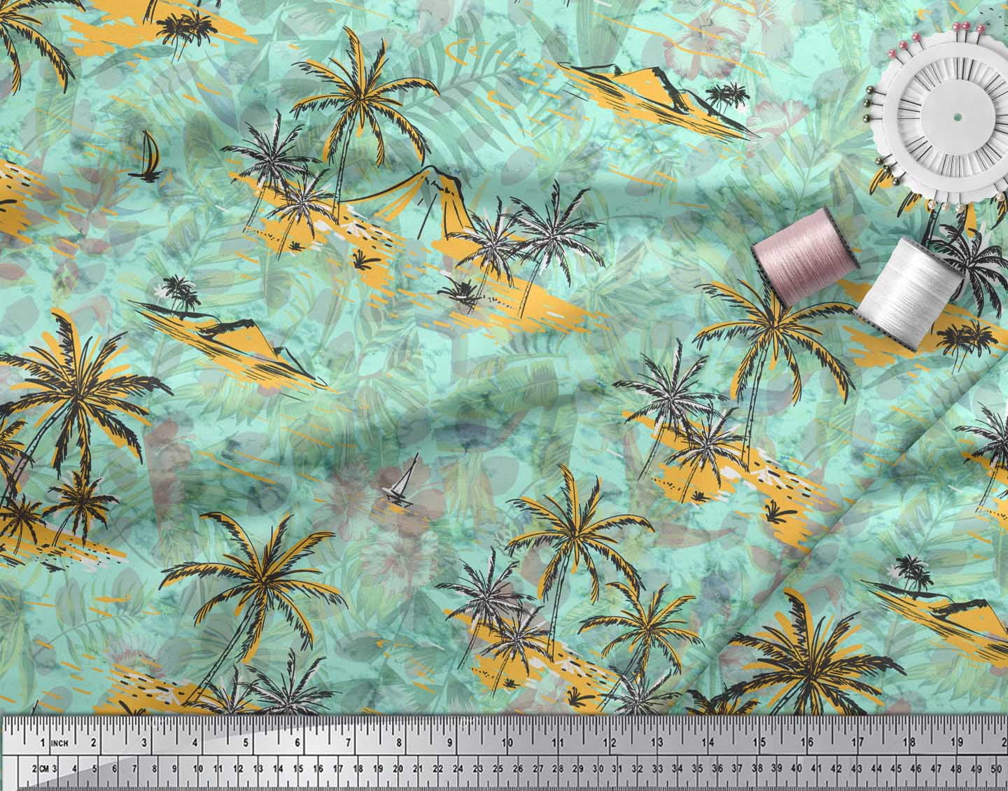 Soimoi Crepe Silk Fabric Mountain,Tropical Leaves & Palm Tree Print ...