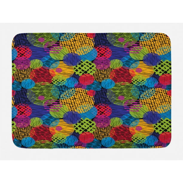 Funky Bath Mat, Grunge Stylized Murky Sketchy Geometric Forms with Hand ...