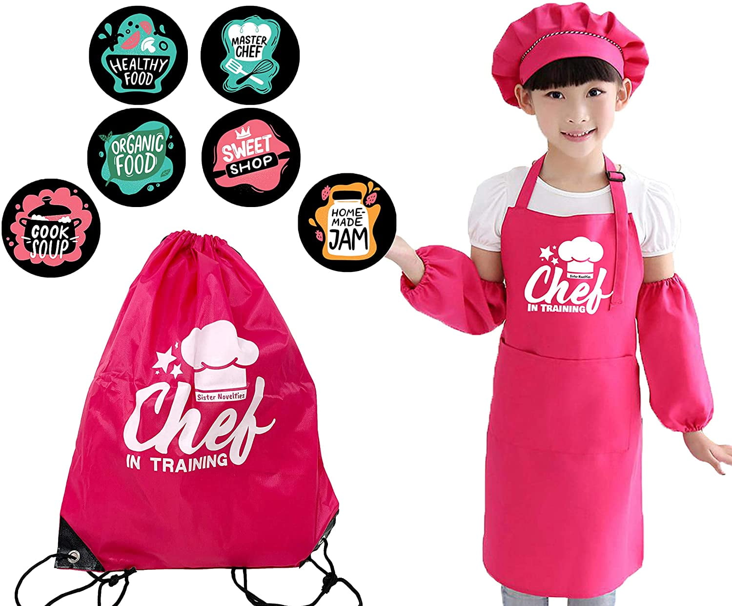 Pink Kids Kitchen Apron Set w/ bag & 6 Achievement Button Pins ...
