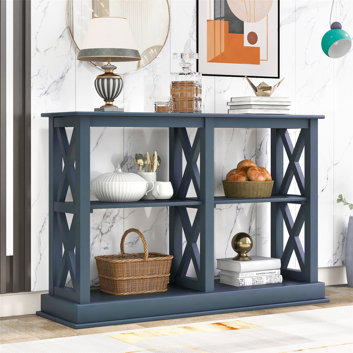 Console Table, Solid Wood Narrow Side Table with 3-Tier Open Storage ...