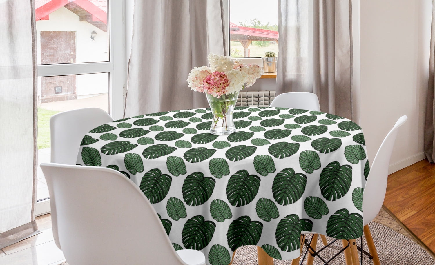 Exotic Round Tablecloth, Natural Theme Tropical Leaves Pattern Sketches ...