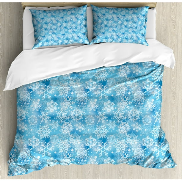 Snowflake Queen Size Duvet Cover Set, Pattern of Winter Motifs Cold ...