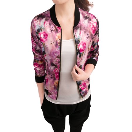 Unique Bargains Women Rib Knit Collar Zipper Fly Floral Print Jacket ...