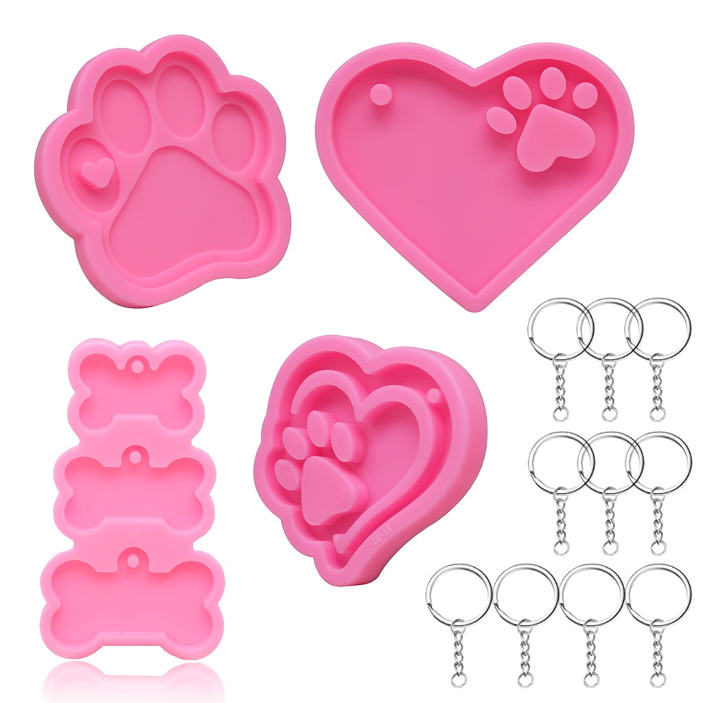 4 Pcs Dog Paw Silicone Moulds with 10pcs Keyrings Heart Dog Paw Bone ...