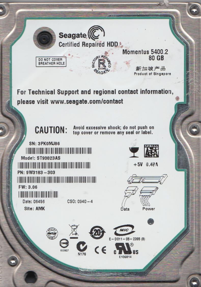 ST98823AS, 3PK, AMK, PN 9W3183-303, FW 3.06, Seagate 80GB SATA 2.5 Hard ...