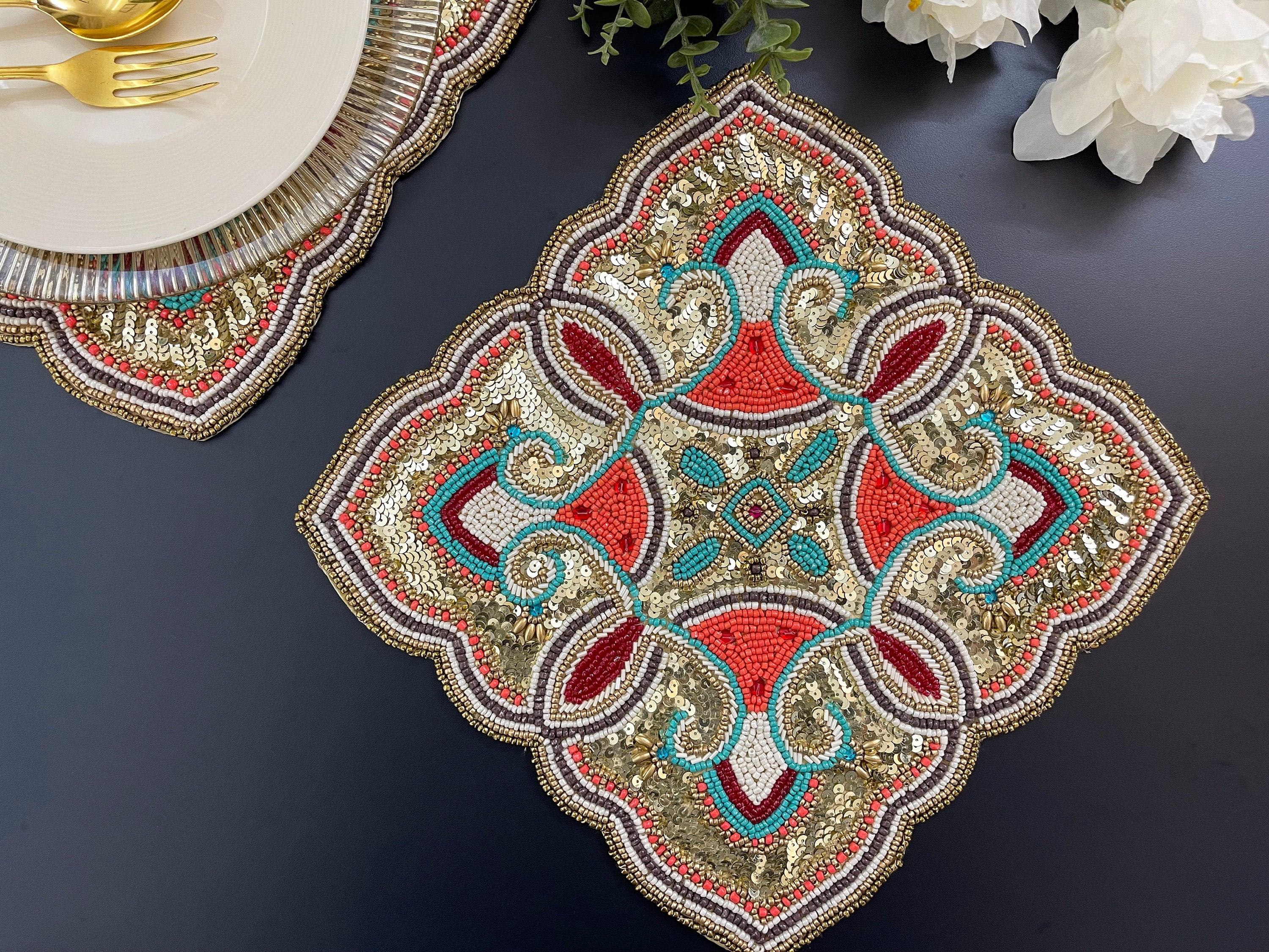 Set of 6, Handmade bead placemat, living room table decoration, bead ...
