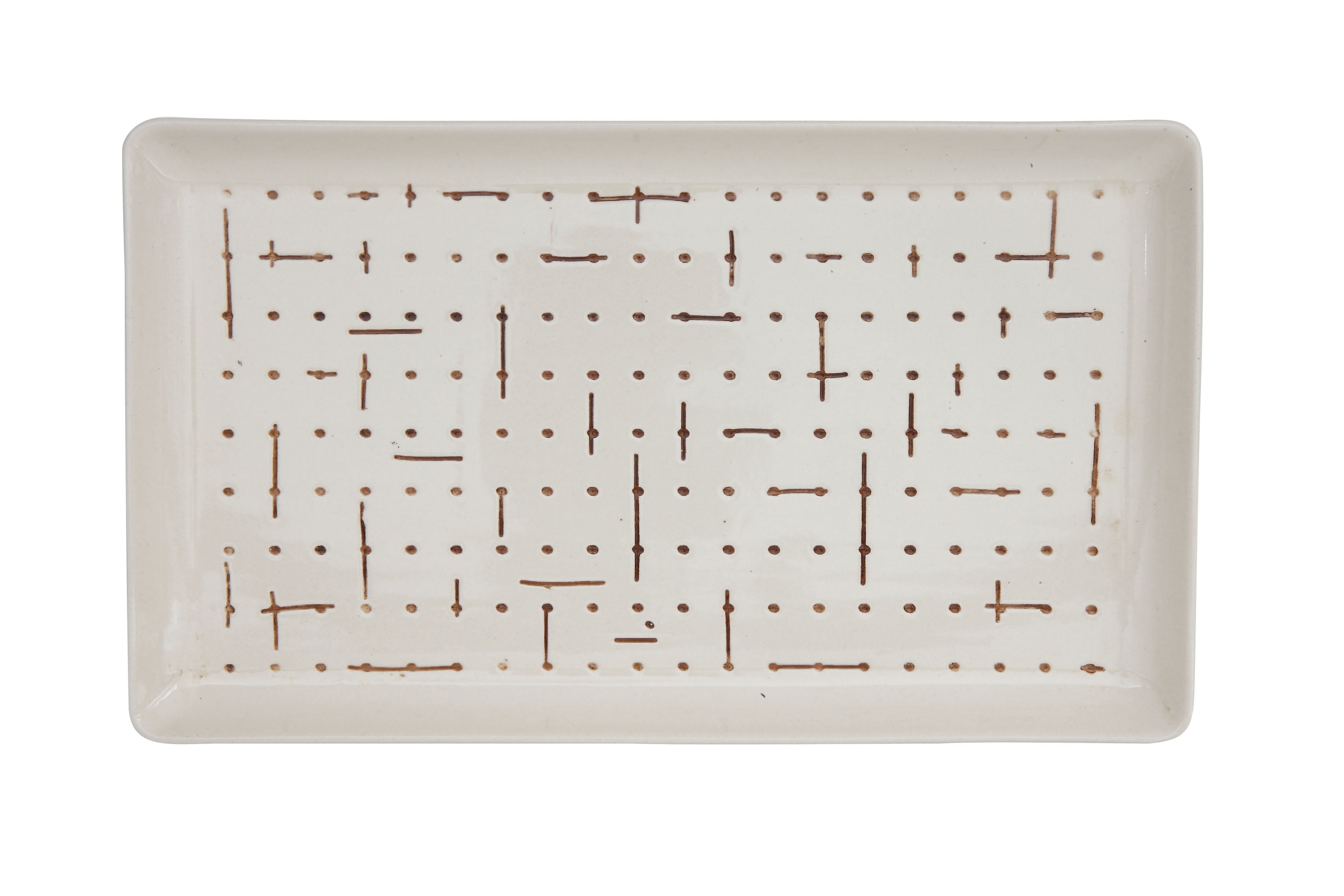 Creative Co-Op Rectangle White Stoneware Platter with Embossed Brown ...