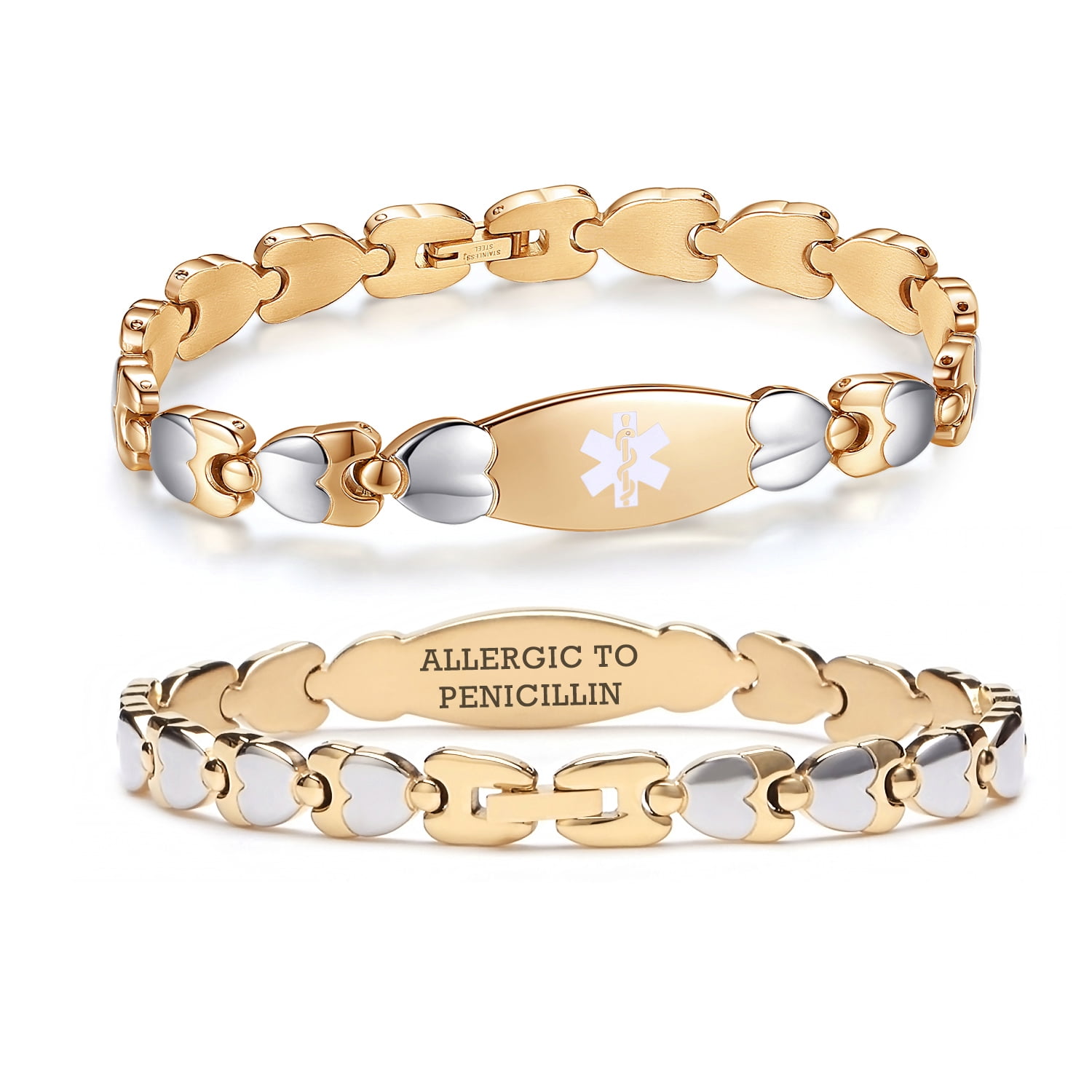 Double Heart Medical alert Bracelet for Women 7 1/2 inches Gold ...