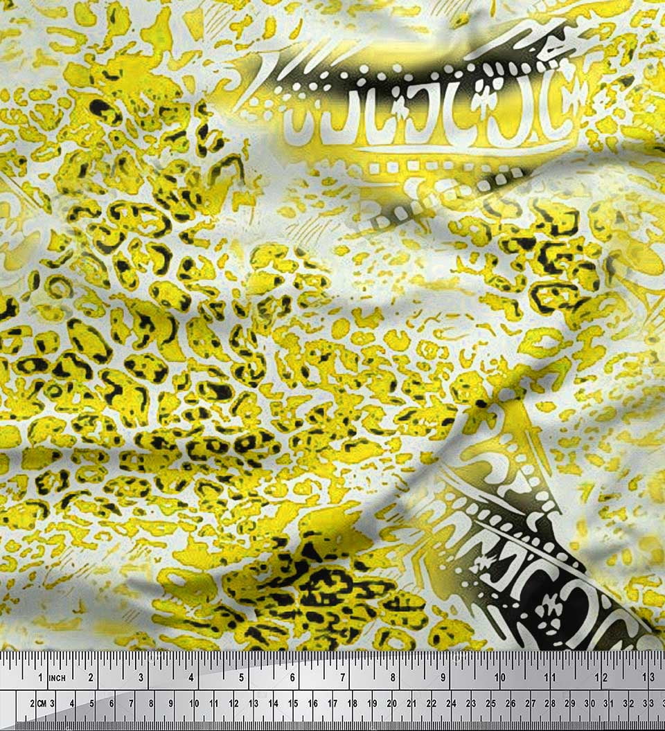 Soimoi Yellow polyester Crepe Fabric Leopard Animal Skin Fabric Prints ...
